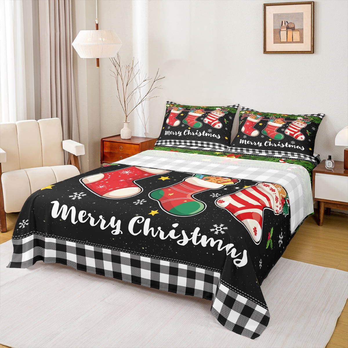 Homewish Merry Christmas Full Size Sheets,Cute Xmas Stocking Bed Sheets ...