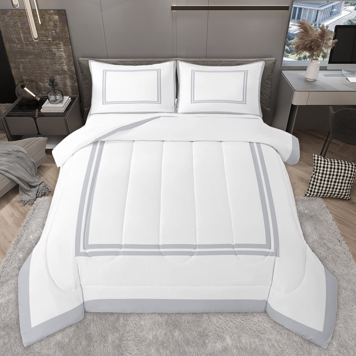 Homewish Modern Abstract Line Full Size Comforter Sets, White Grey ...