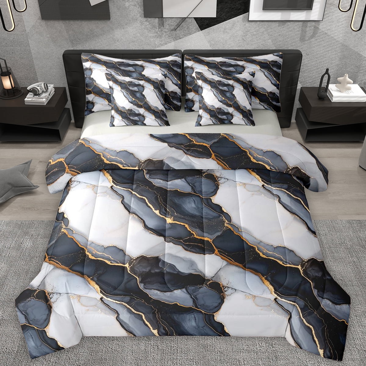 Homewish Modern Fashion Marble Bedding Comforter Set 7 Pieces, Grey ...