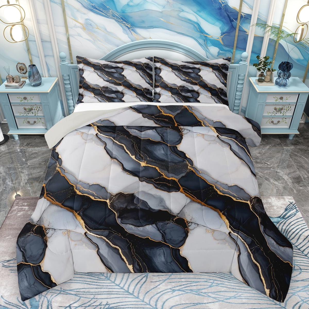Homewish Modern Fashion Marble Queen Comforter Set, Grey Navy Marbling ...