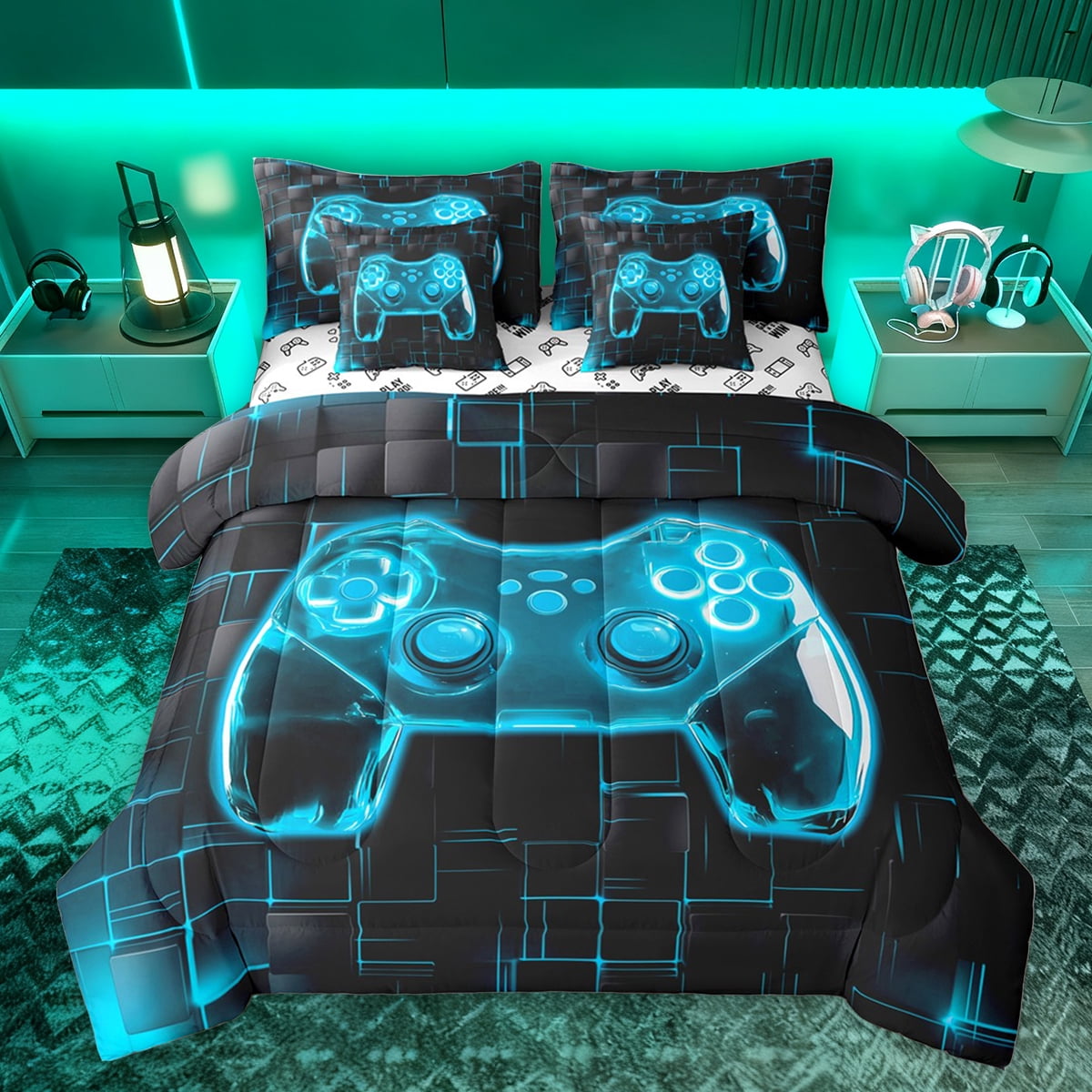 Homewish Modern Gaming Gamer Bedding Comforter Set 7pcs, Cyan Video ...