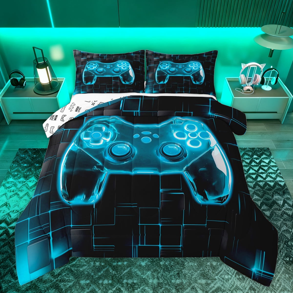Homewish Modern Gaming Gamer Bedding Comforter Set, Cyan Video Game ...