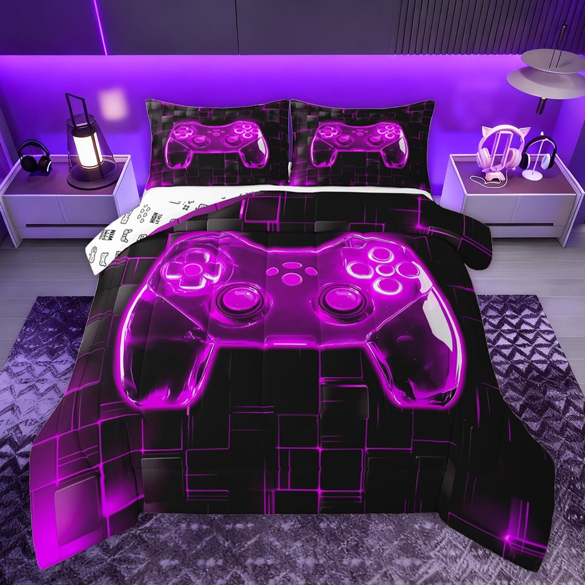 Homewish Modern Gaming Gamer Bedding Comforter Set, Purple Video Game ...