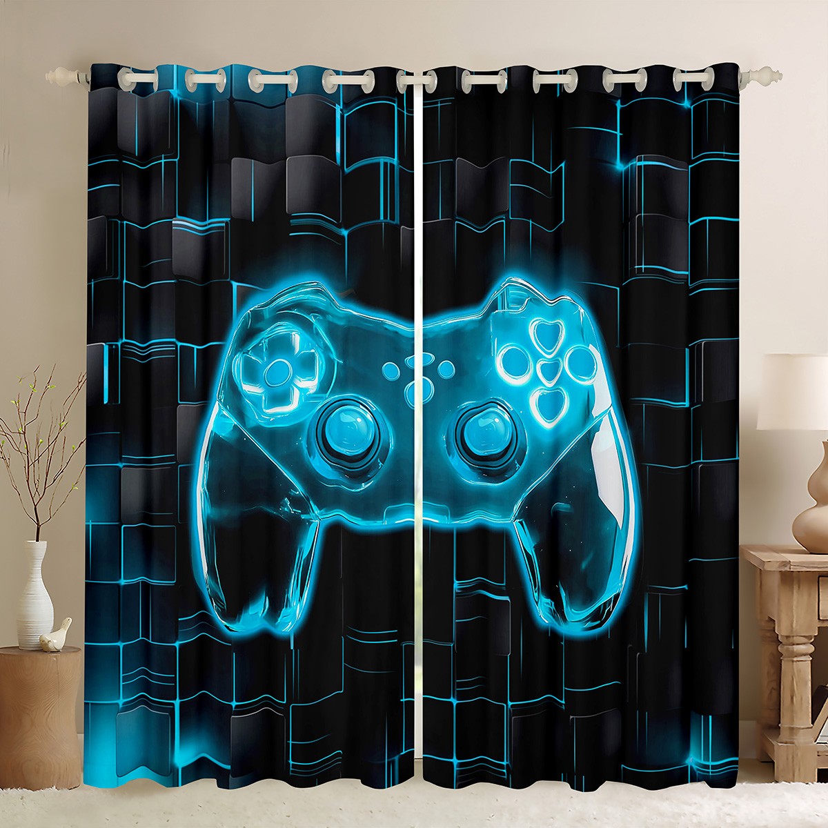 Homewish Modern Gaming Gamer Black Out Curtains, Cyan Video Game ...