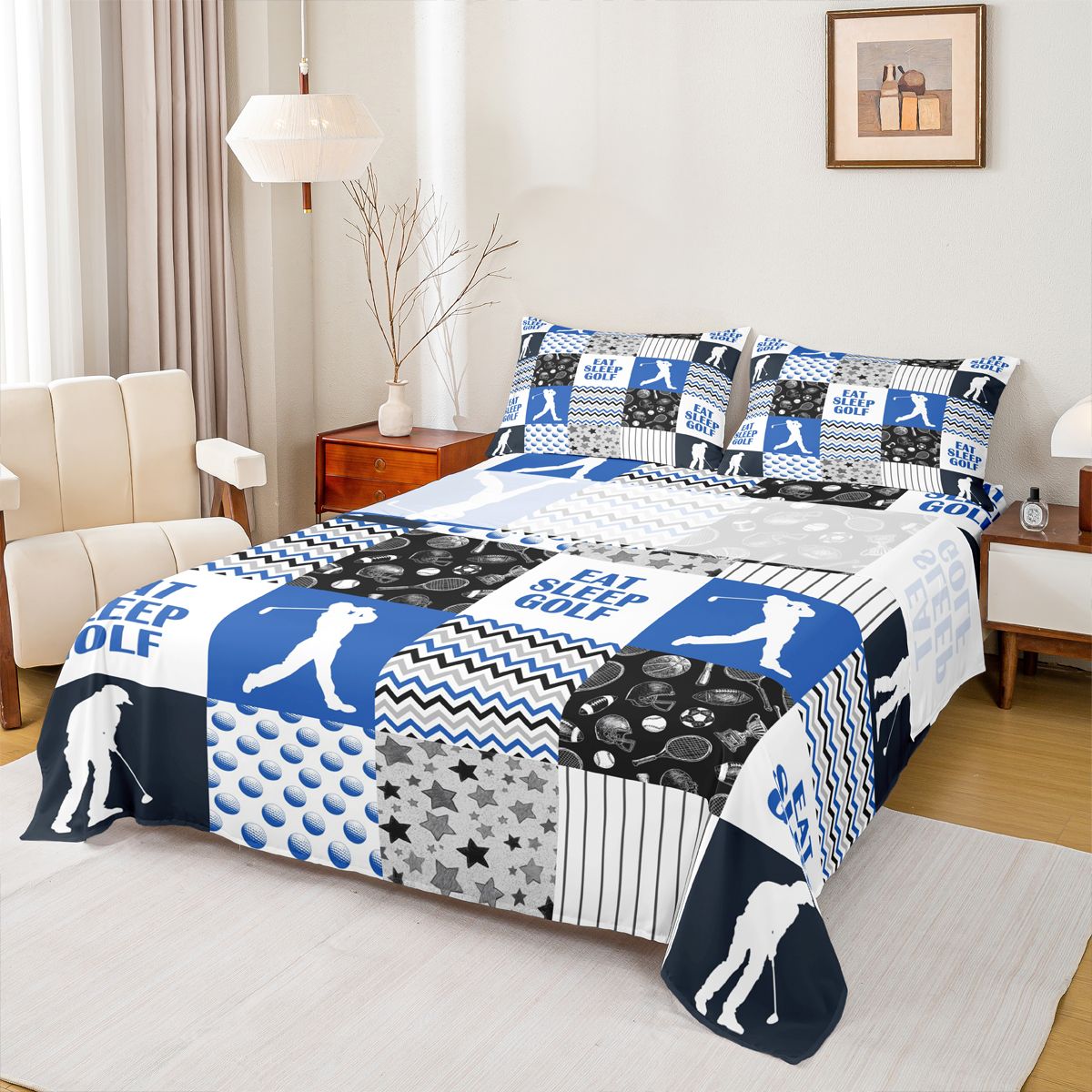 Homewish Modern Golf Sport Full Size Sheets for Boys, Blue Patchwork ...