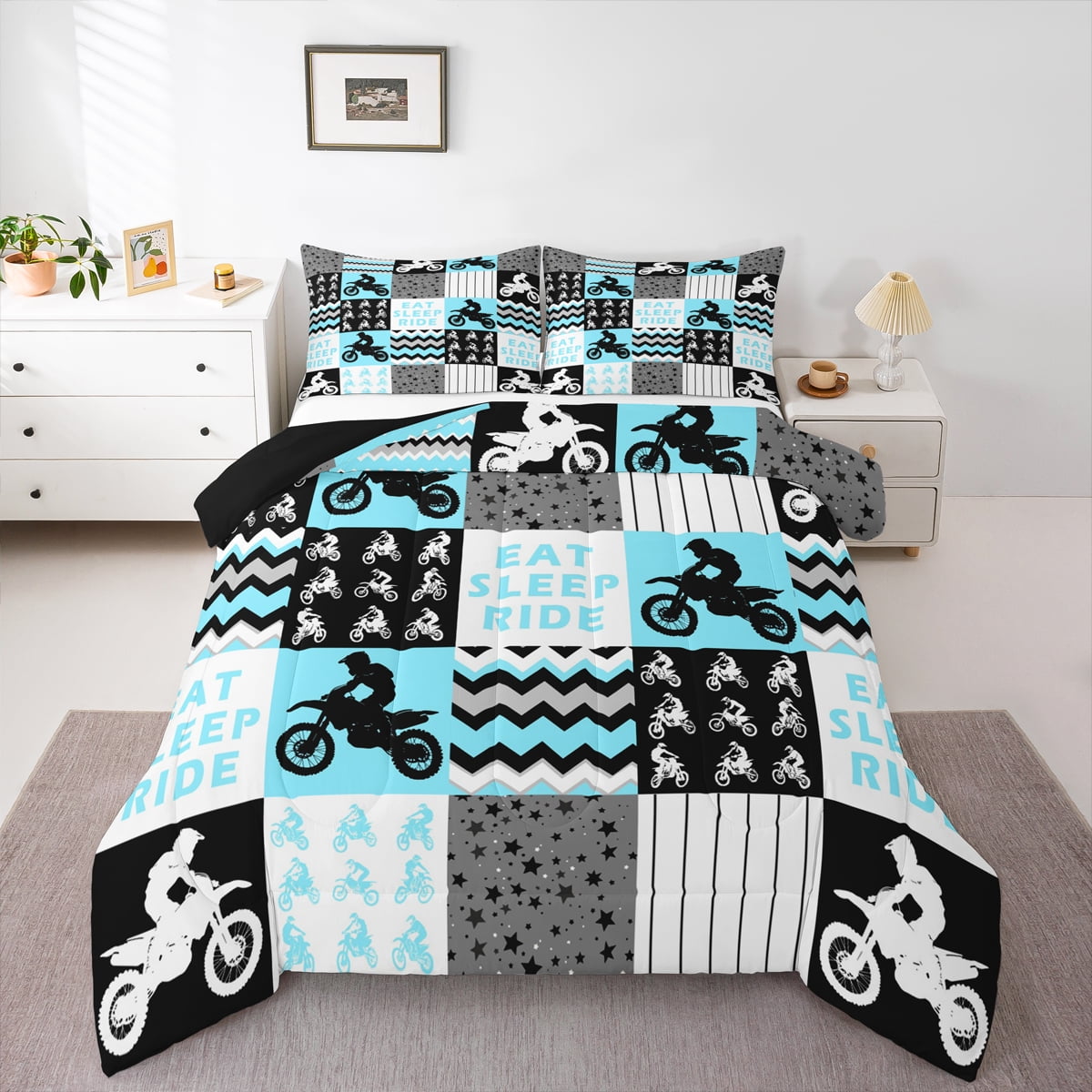 Homewish Modern Motercycle Full Size Comforter Sets for Boys, Cyan ...