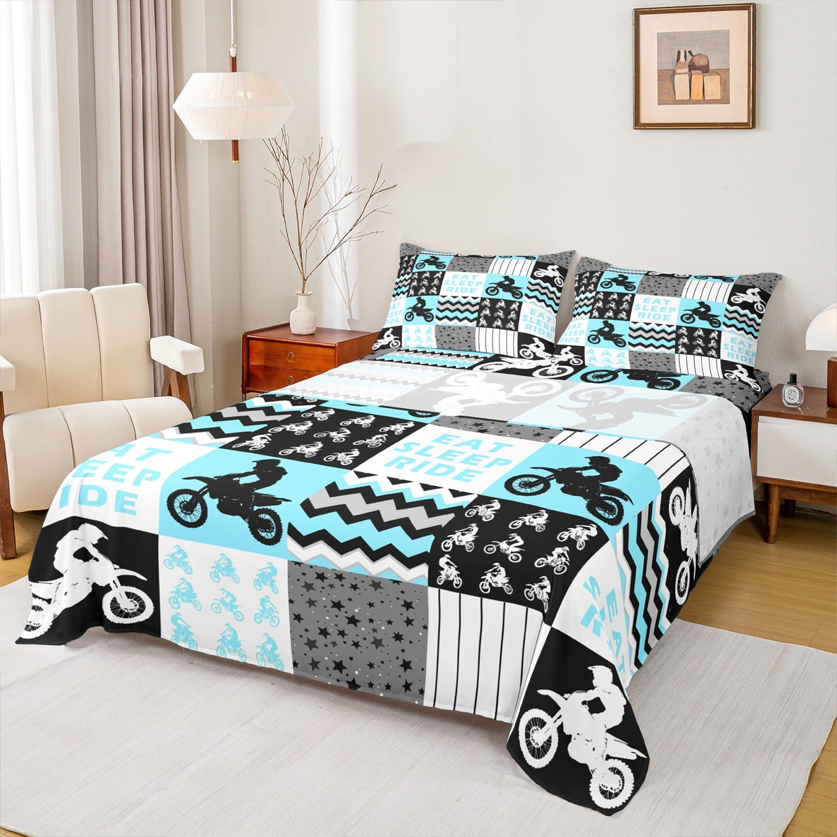 Homewish Modern Motercycle Queen Sheet Sets for Boys, Cyan Patchwork ...