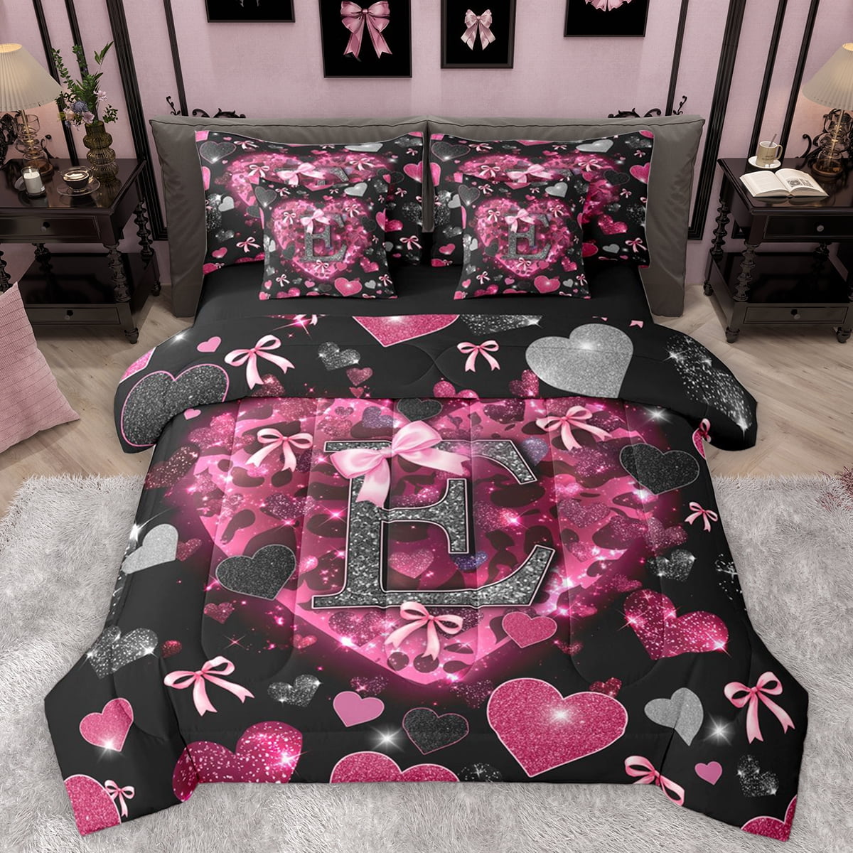 Homewish Monogrammed E Bedding Comforter Set 7 Pieces for Girl, Glitter ...
