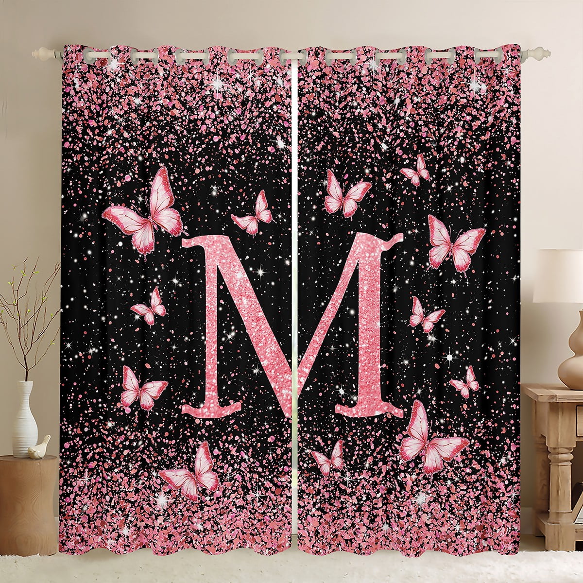 Homewish Monogrammed M Female Black Out Curtains, Cartoon Pink Kawaii ...