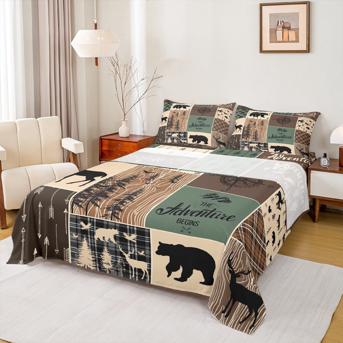 Homewish Moose Bear Deer Bed Sheets, Vintage Brown Green Buffalo King ...