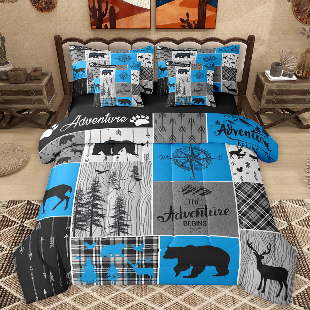 Homewish Moose Bear Deer Twin Bedding Sets 7-Piece, Vintage Dark Blue ...