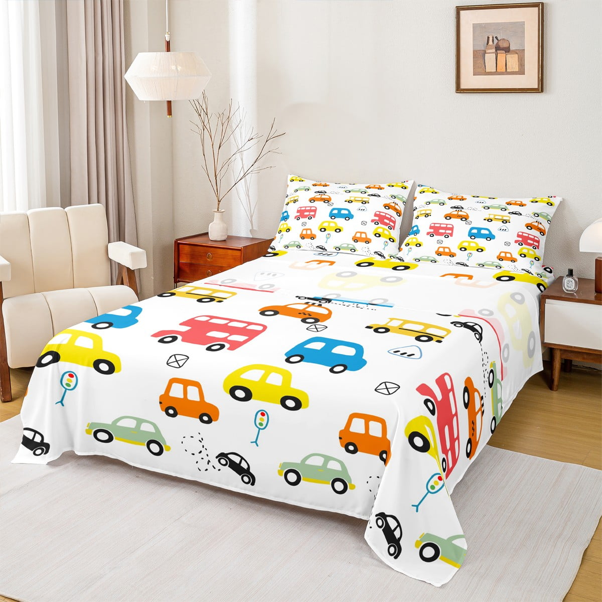 Homewish Multicolor Cartoon Car Bed Sheets,Toy Car King Sheets,White ...