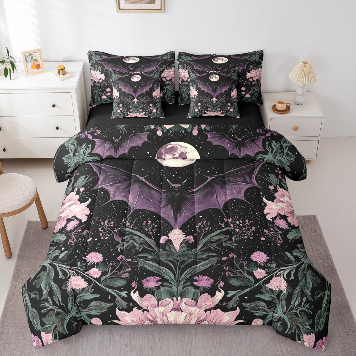 Homewish Mystic Gothic Bat Bedding Comforter Set 7 Pieces, Rustic ...