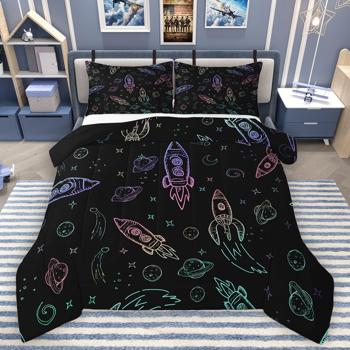 Homewish Mystic Outer Space Bedding Comforter Set, Cartoon Rocket ...