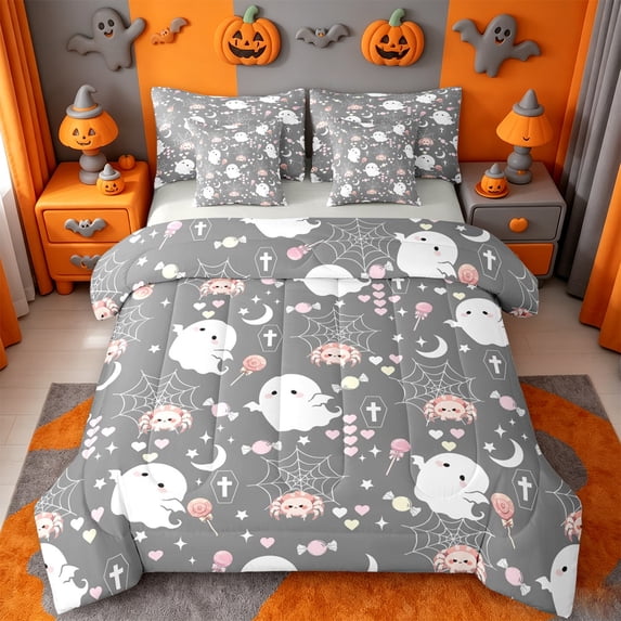 Homewish Neutral Cute Halloween Ghost 7-Piece Twin Bedding,Spider Web ...