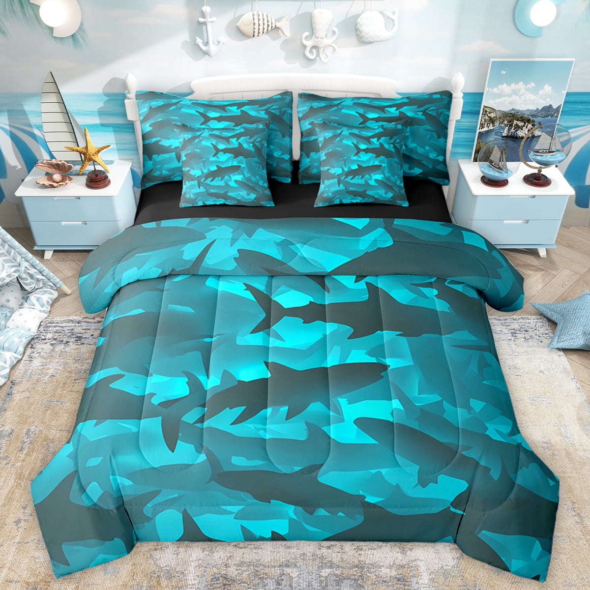 Homewish Ocean Shark Print Bedding Comforter Set 7 Pieces, Kawaii ...