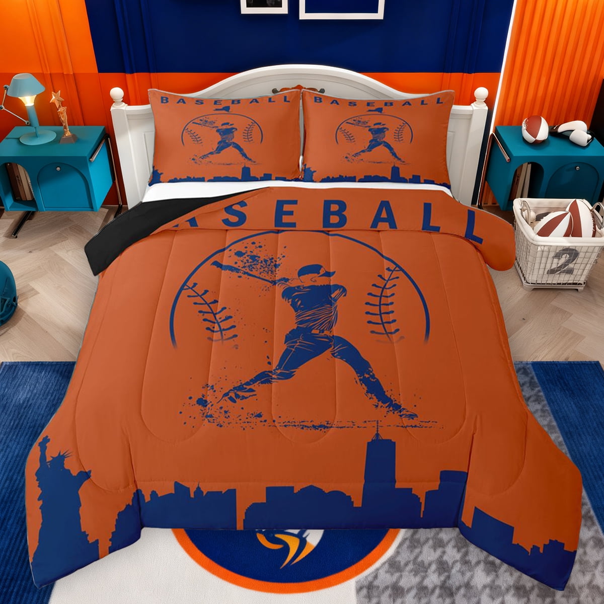 Homewish Orange Navy Baseball Queen Comforter Set for Teens, Vintage ...
