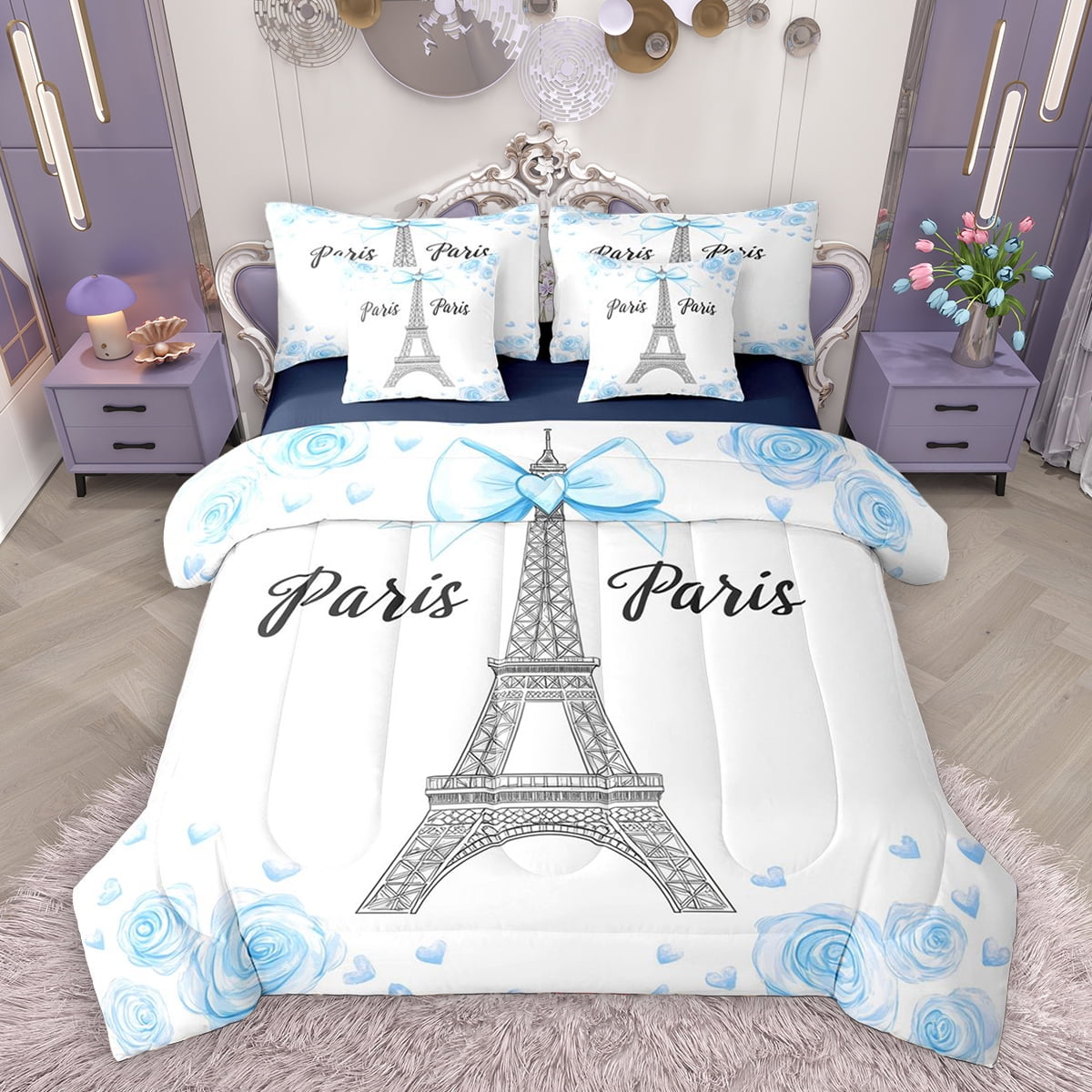 Homewish Paris Eiffel Tower 7-Piece Bedding Comforter Set,Romantic Rose ...