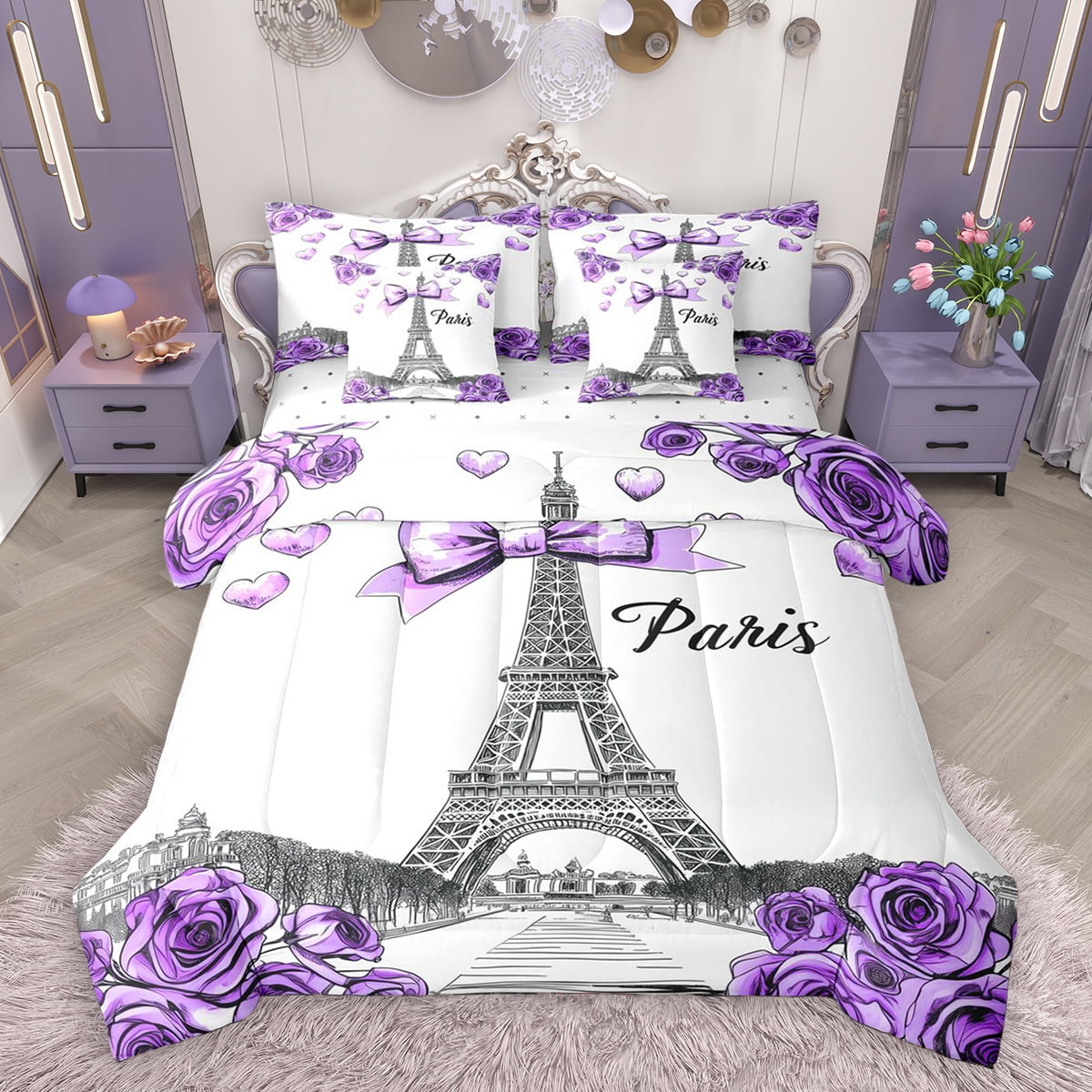 Homewish Paris Eiffel Tower 7pcs Bedding Comforter Set,Romantic Rose ...