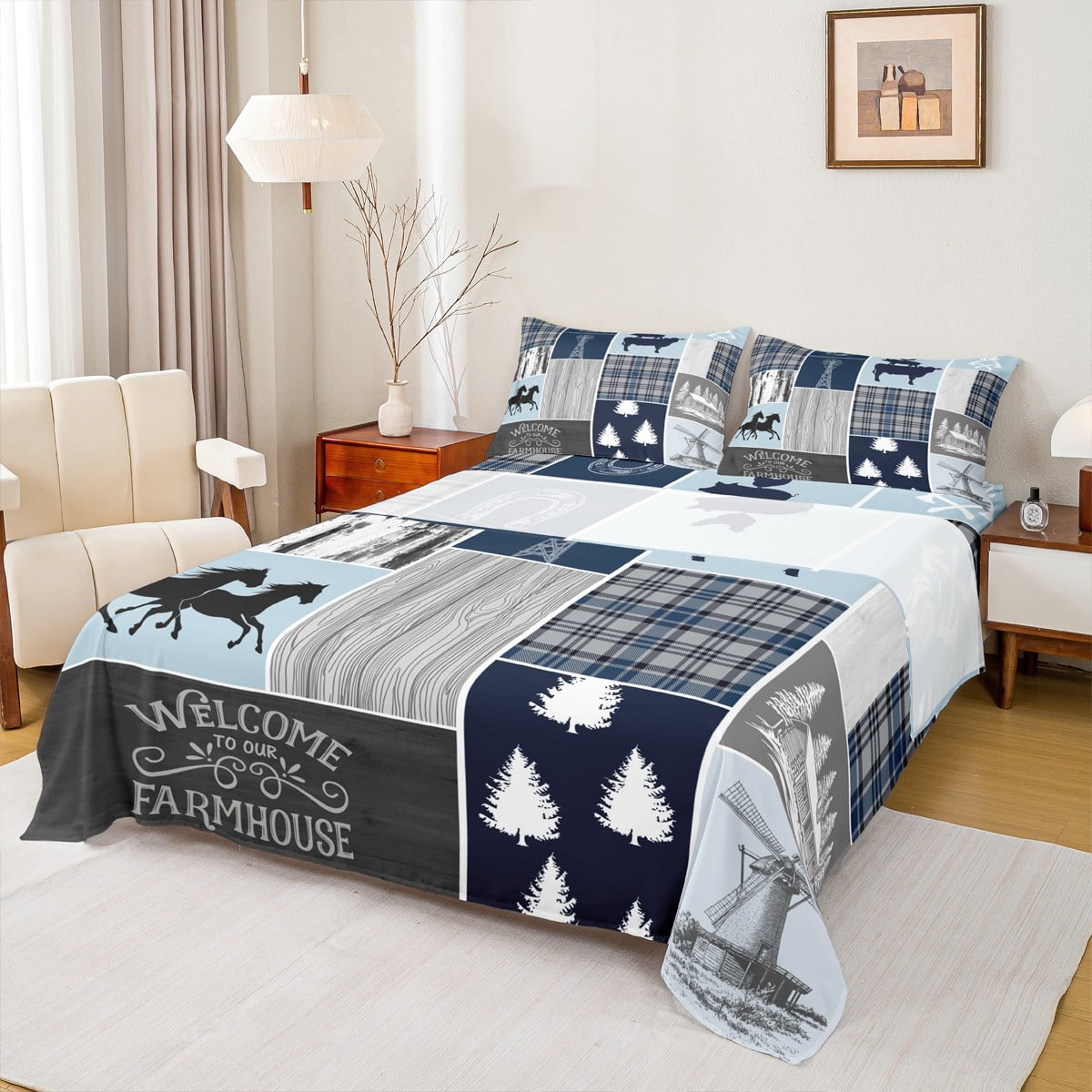 Homewish Patchwork Geometric Grid Queen Sheet Sets,Rustic Farmhouse ...