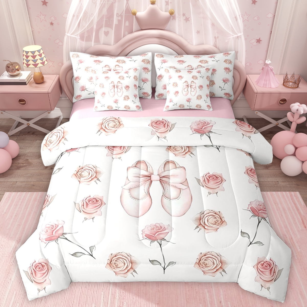 Homewish Pink Ballet Shoes 7-Piece Bedding Comforter Set,Cute Flower ...