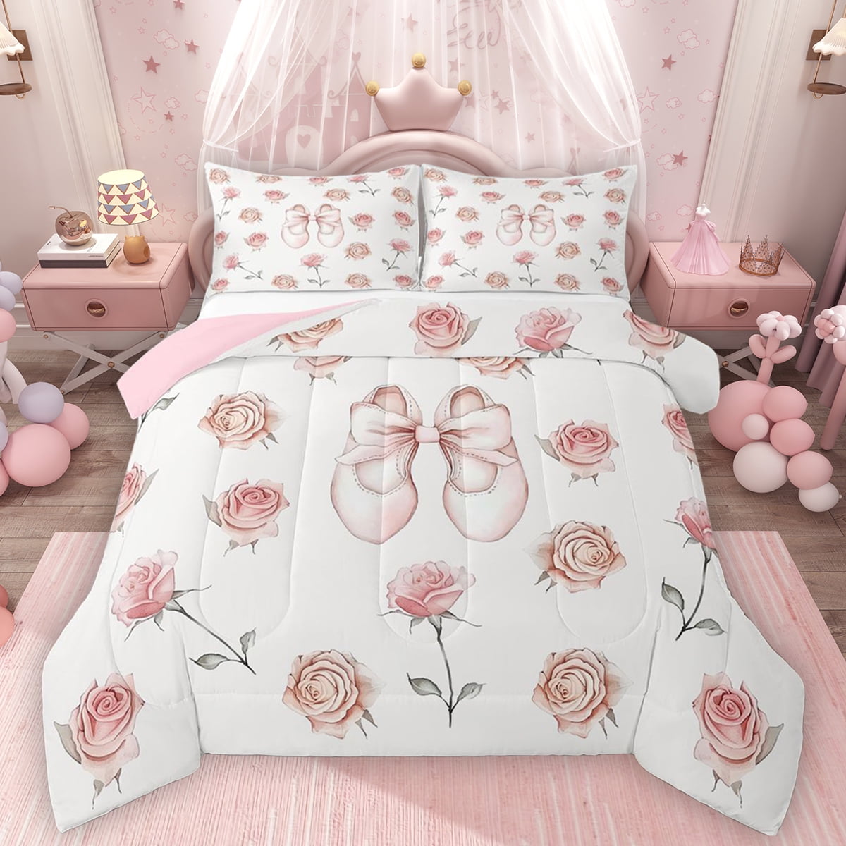 Homewish Pink Ballet Shoes Full Size Comforter Sets,Cute Flower Floral ...