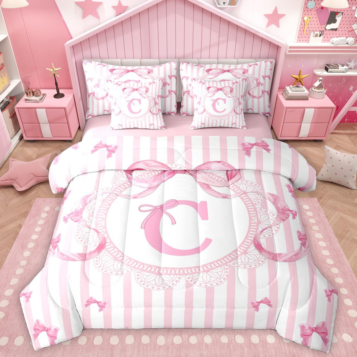 Homewish Pink Bow Initial Alphabet C 7-Piece Twin Bedding Sets For Kids ...