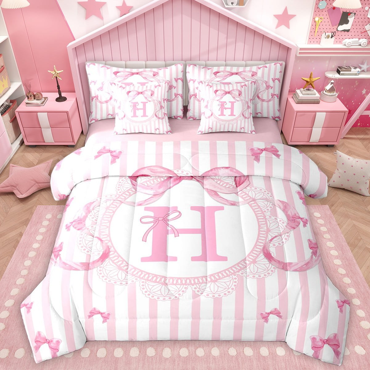 Homewish Pink Bow Initial Alphabet H 7-Piece Bedding Comforter Set For ...