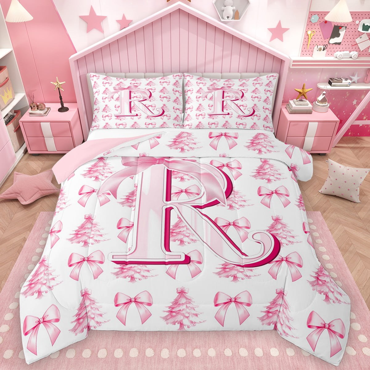 Homewish Pink Bow Initial Alphabet R 3-Piece Full Size Comforter Sets ...