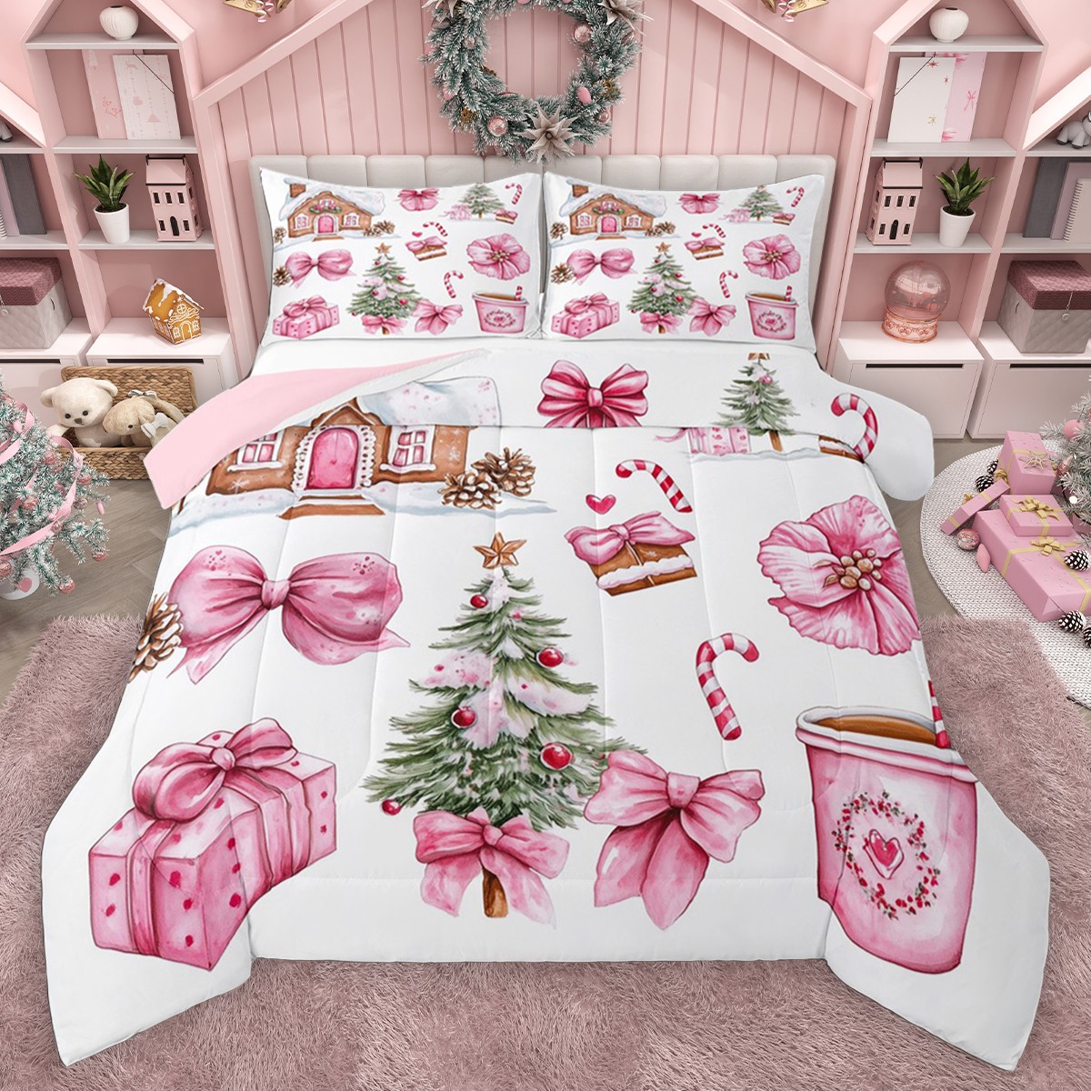 Homewish Pink Bow Tree Full Size Comforter Sets 3-Piece for Female Men ...