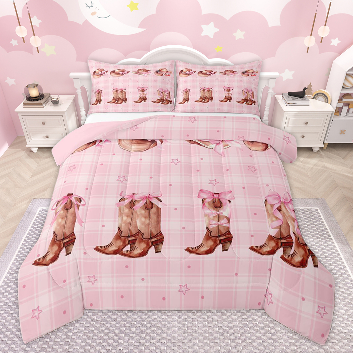 Homewish Pink Bowknot Boot Queen Comforter Set for Kids, Western ...