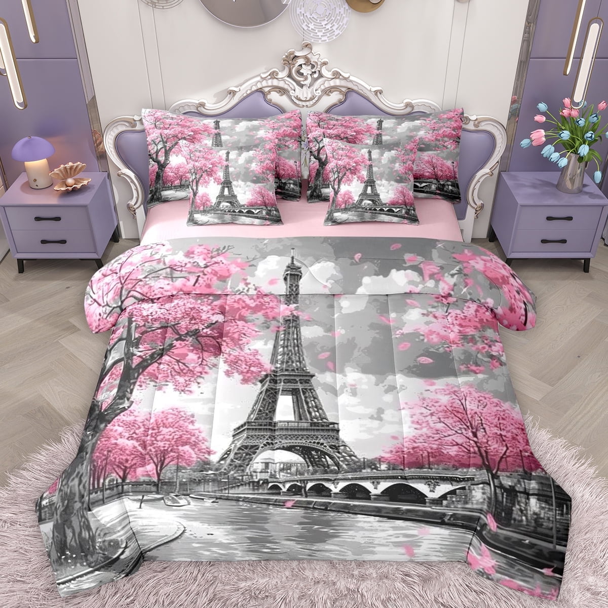 Homewish Pink Cherry Blossom 7 Pieces Bedding Comforter Set,Paris ...
