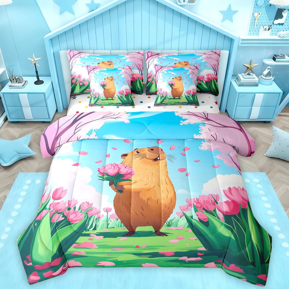 Homewish Pink Cherry Blossom 7pcs Bedding Comforter Set,Cute Capybara ...