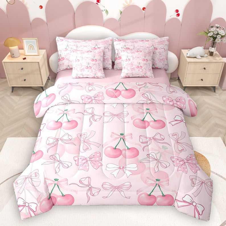Homewish Pink Cherry Bowknot Girl 7 Pieces Bedding Comforter Set,Dreamy ...