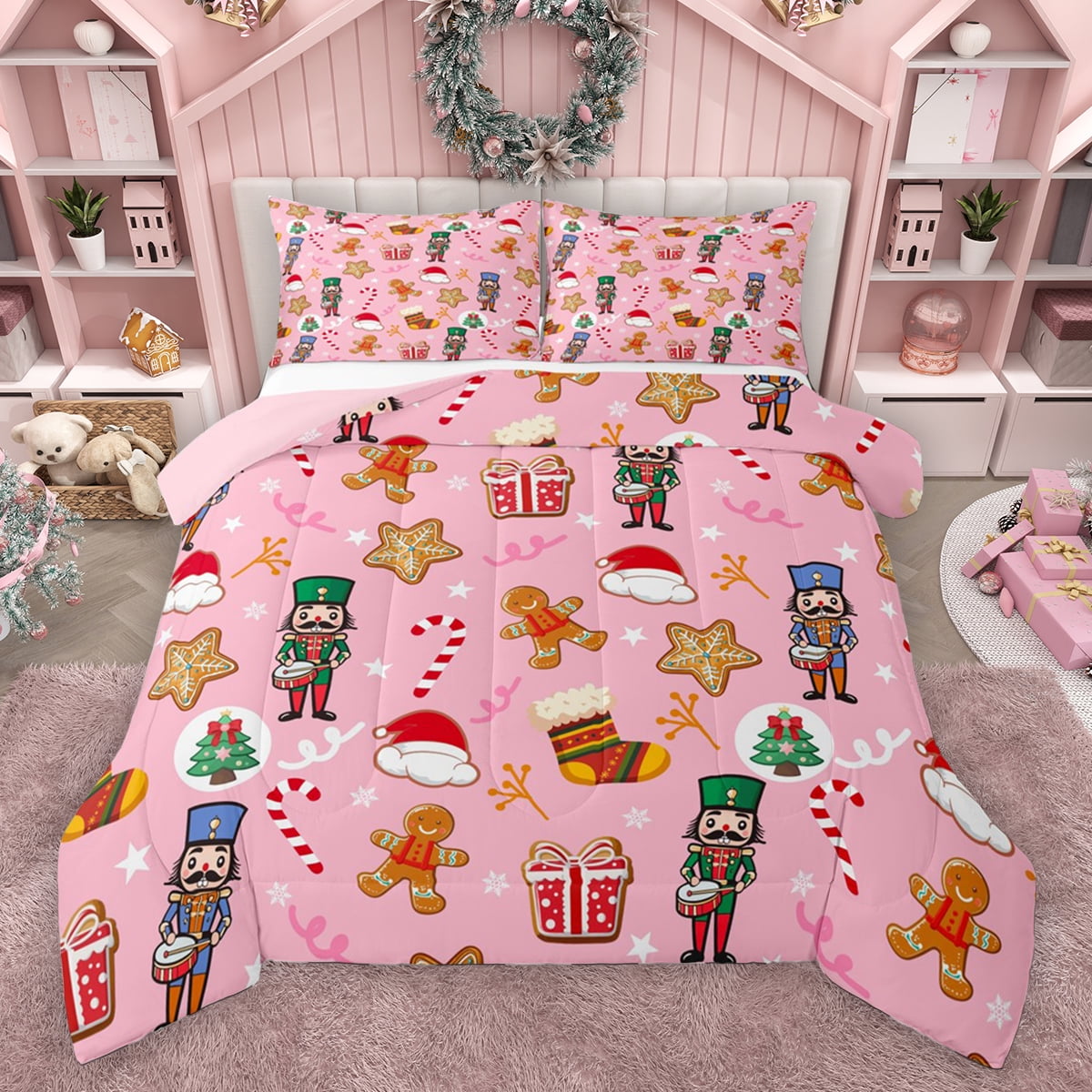 Homewish Pink Christmas Nutcracker Bedding Comforter Set, Cute Santa ...