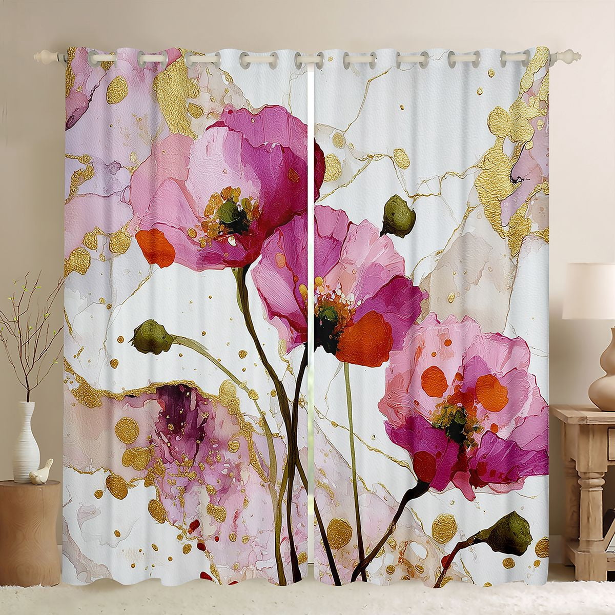 Homewish Pink Flower Floral Blackout Curtains Set of 2 (52x84 Each) for ...
