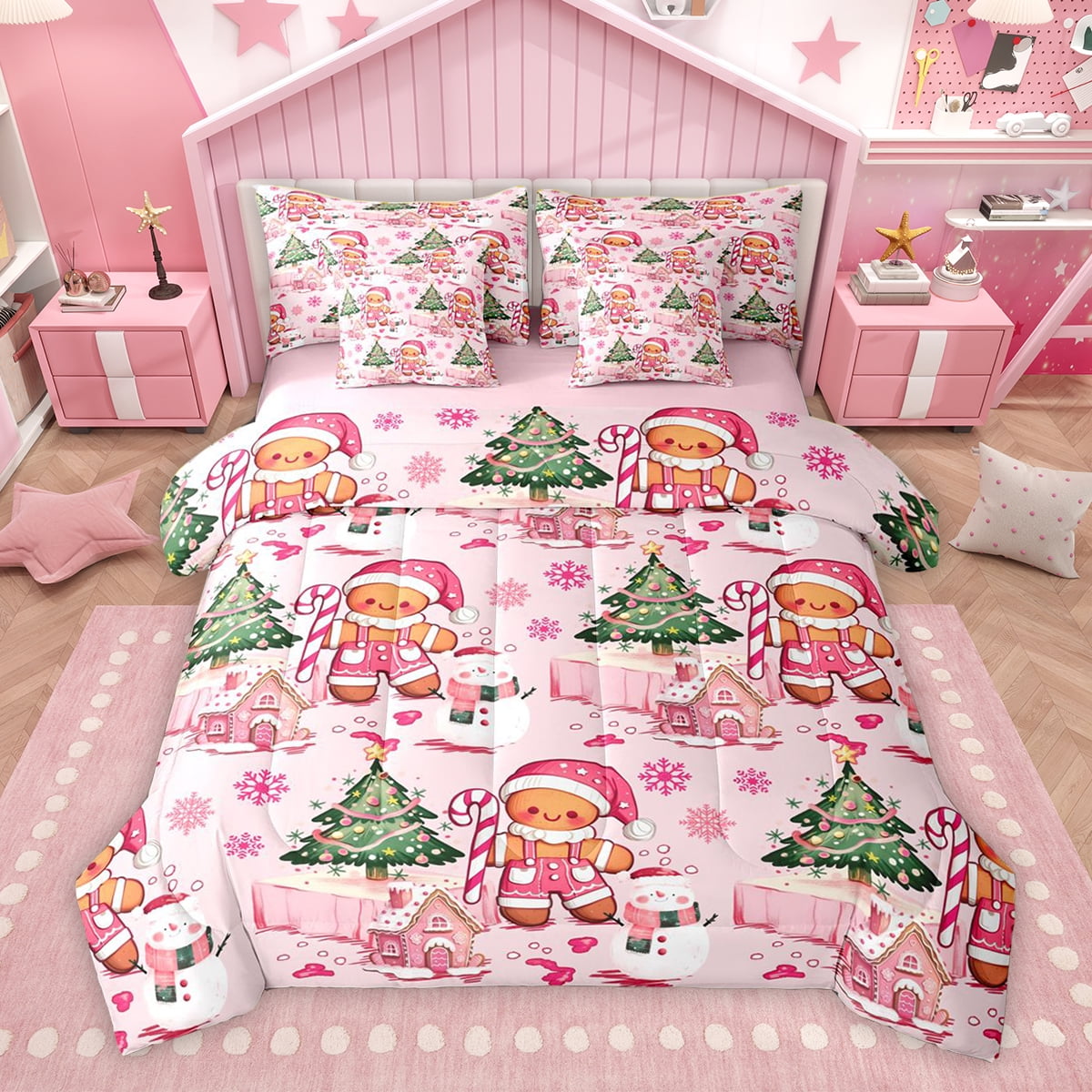 Homewish Pink Gingerbread Man Bedding Comforter Set 7 Pieces, Cartoon ...