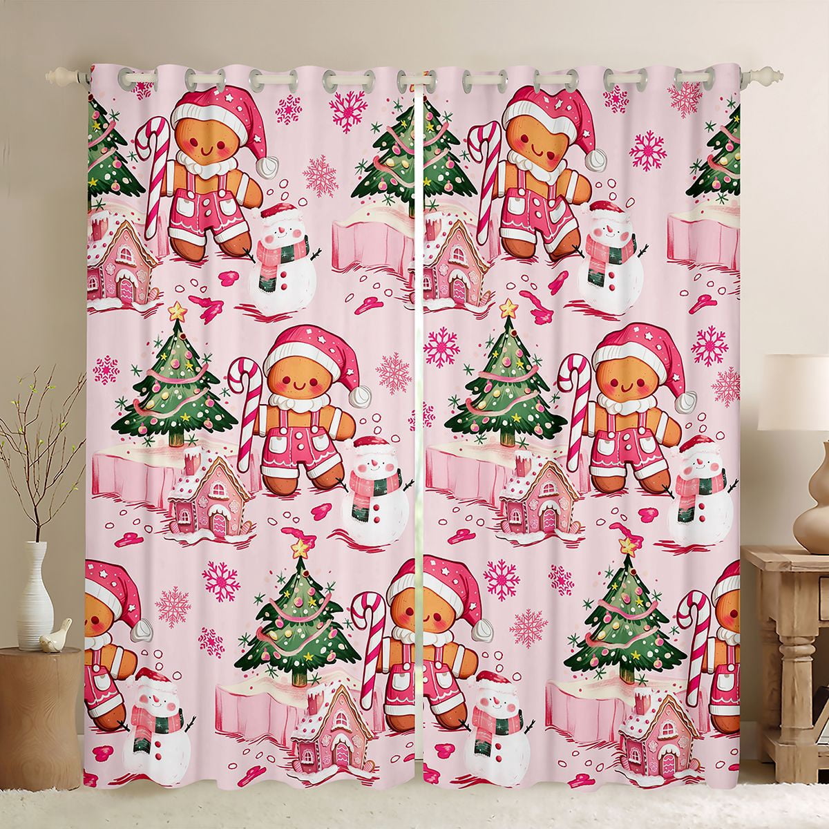 Homewish Pink Gingerbread Man Curtains Pack of 2 (42x84 Each), Cartoon ...