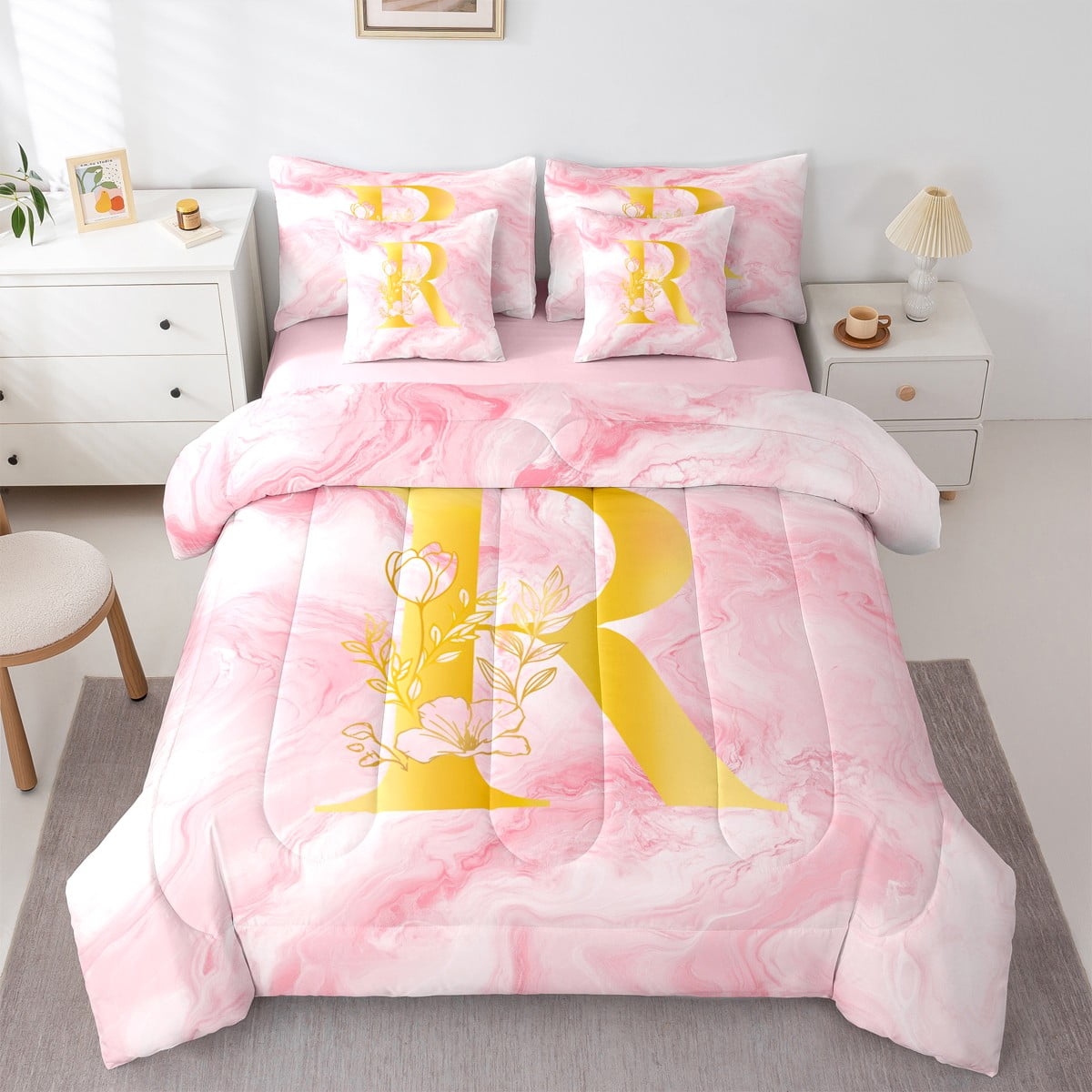 Homewish Pink Initial Letter R Bedding Comforter Set 7 Pieces, Romantic ...