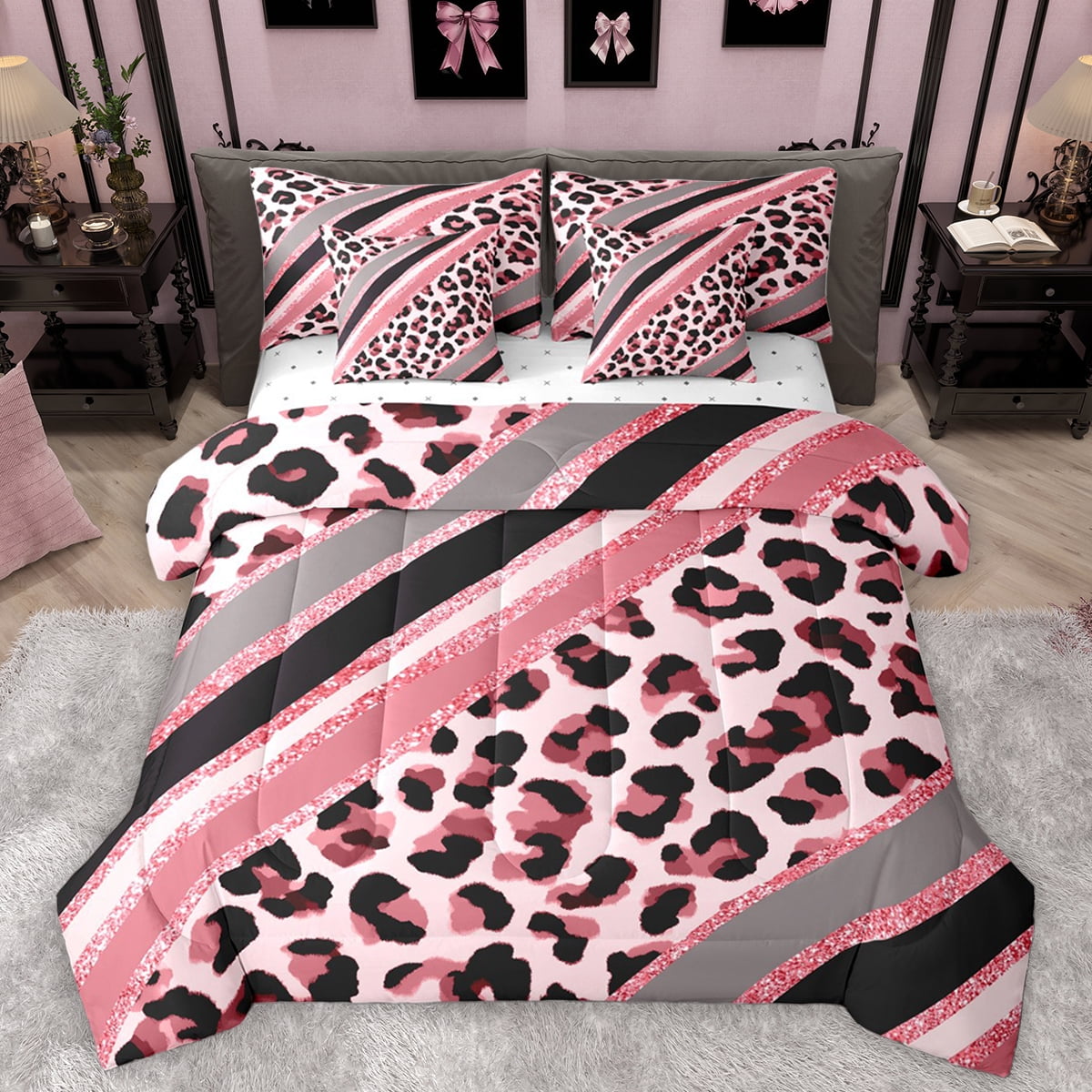Homewish Pink Leopard Print Bedding Comforter Set 7 Pieces for Female ...