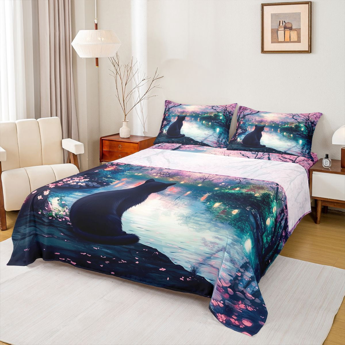 Homewish Pink Sakura Full Size Sheets,Japanese Cherry Blossom Bed ...