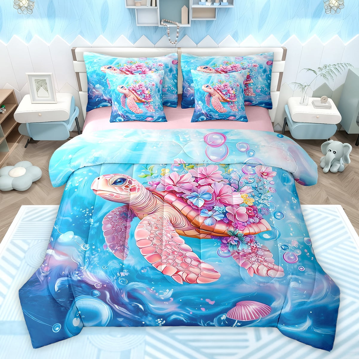 Homewish Pink Sea Turtle Twin Bedding Sets 7-Piece for Kid, Dreamy ...