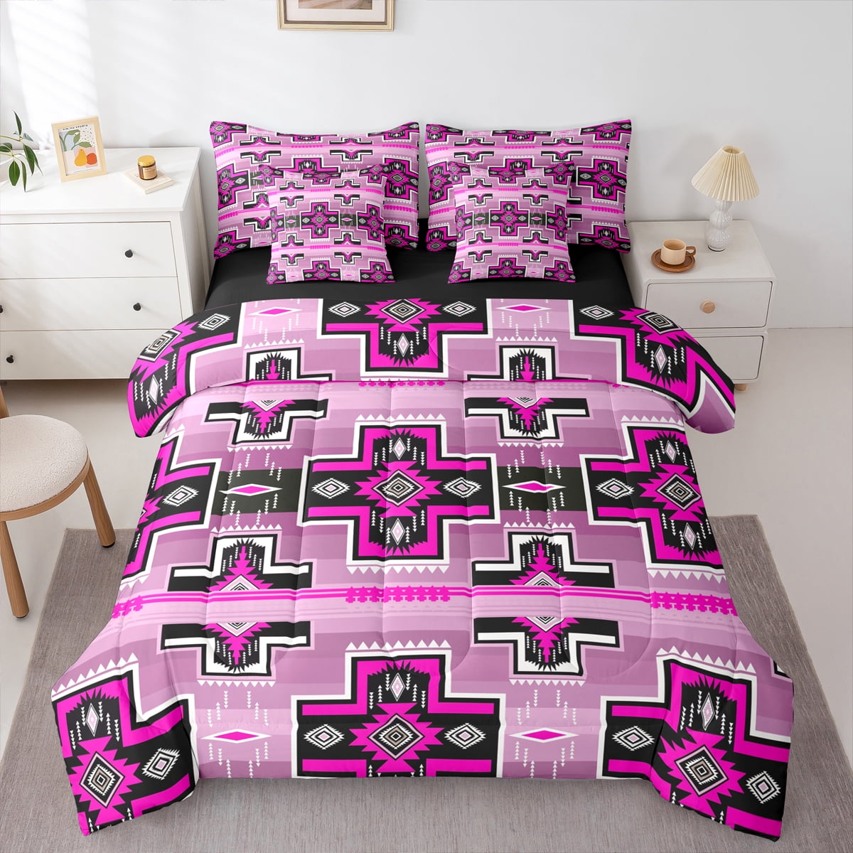 Homewish Pink Tribal Aztec Bedding Comforter Set 7 Pieces, Boho Hippie ...