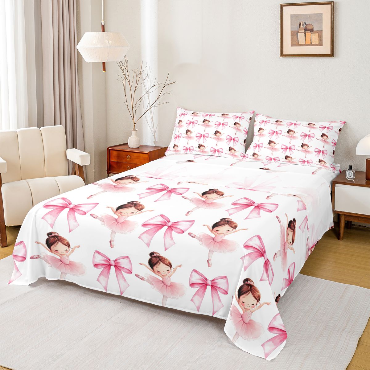Homewish Pink Watercolor Bowknot Twin Sheet Sets for Kid, Dreamy Fairy ...