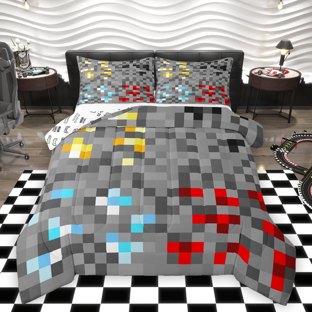 Homewish Pixelate Miner Chid Bedding Comforter Set, Cartoon Square ...
