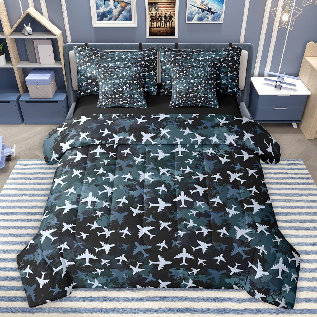 Homewish Plane Aircraft Print Bedding Comforter Set 7 Pieces for Kids ...