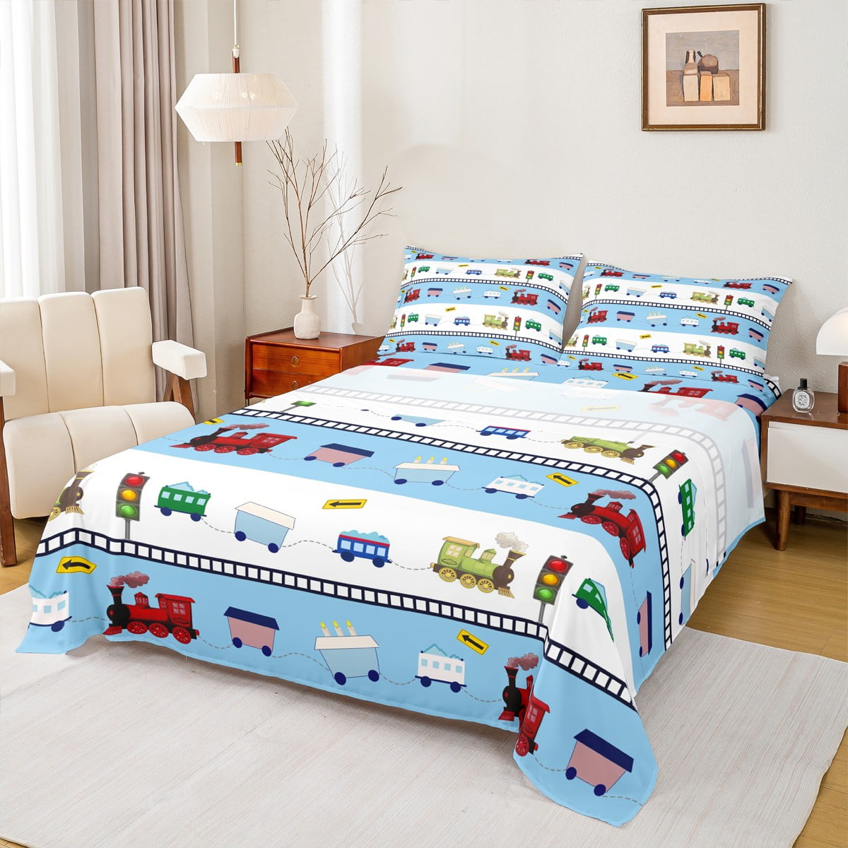 Homewish Preppy Child Colorful Railway Train 4 Pieces Queen Sheet Sets ...