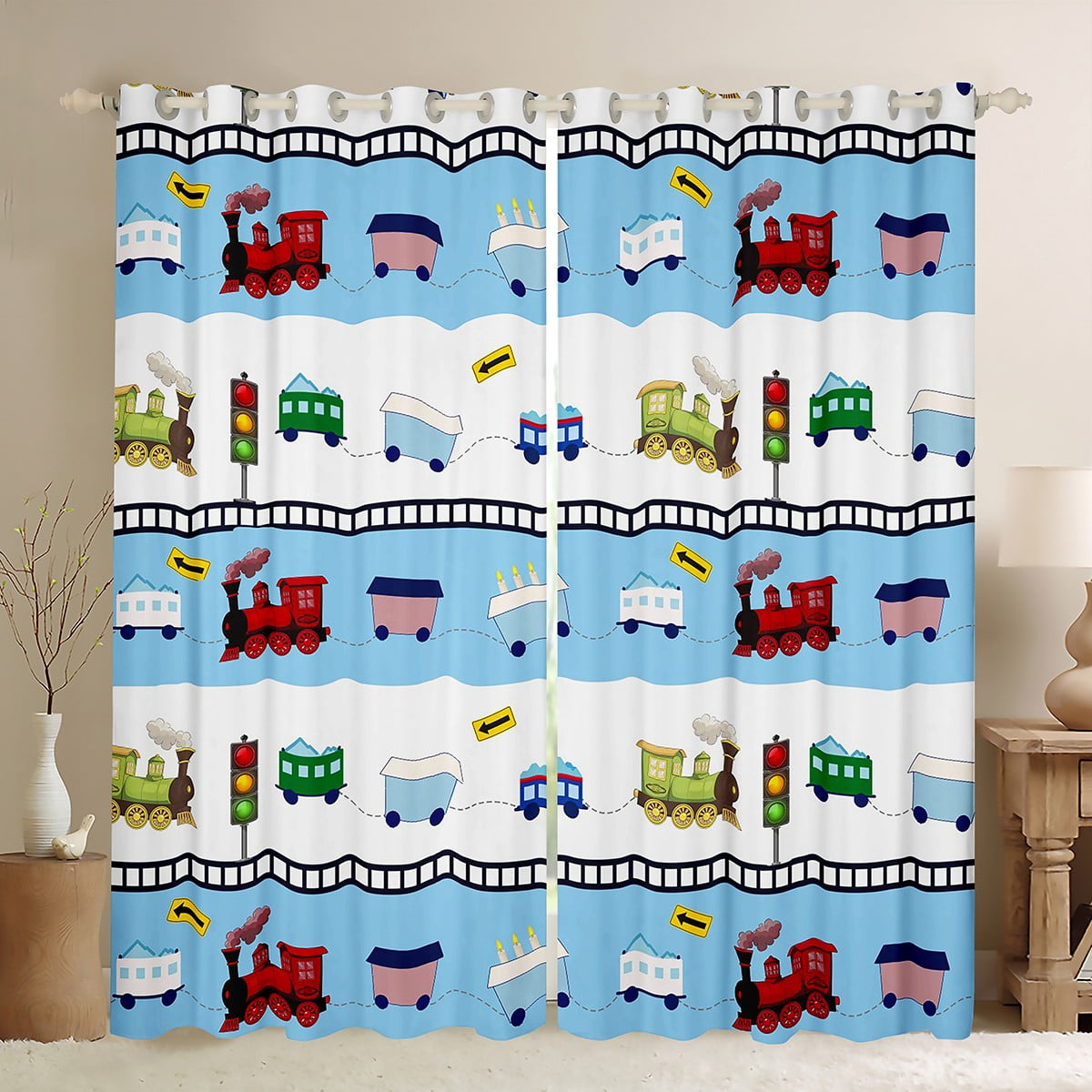 Homewish Preppy Child Colorful Railway Train Blackout Curtains Set of 2 ...