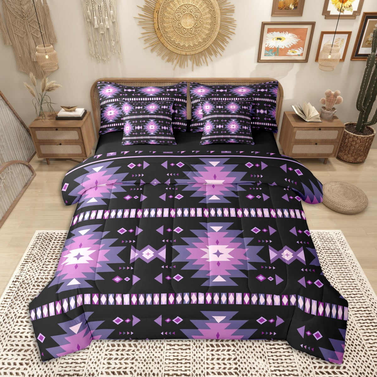 Homewish Purple Aztec Bedding Comforter Set 7-Piece, Bohemian Geometric ...
