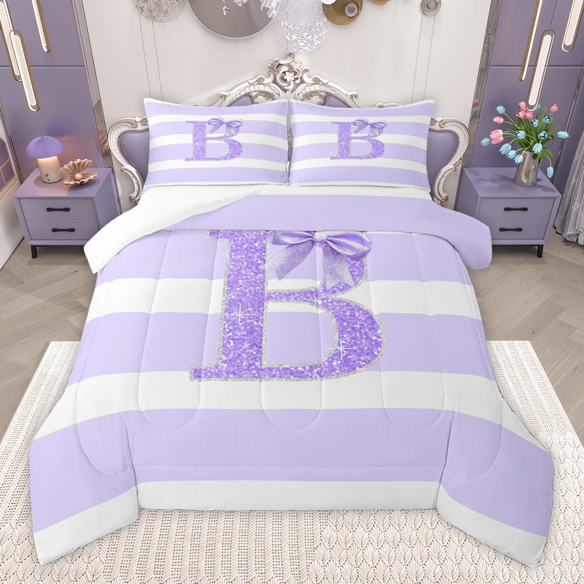 Homewish Purple Glitter B Bedding Comforter Set, Initial Letter A to Z ...